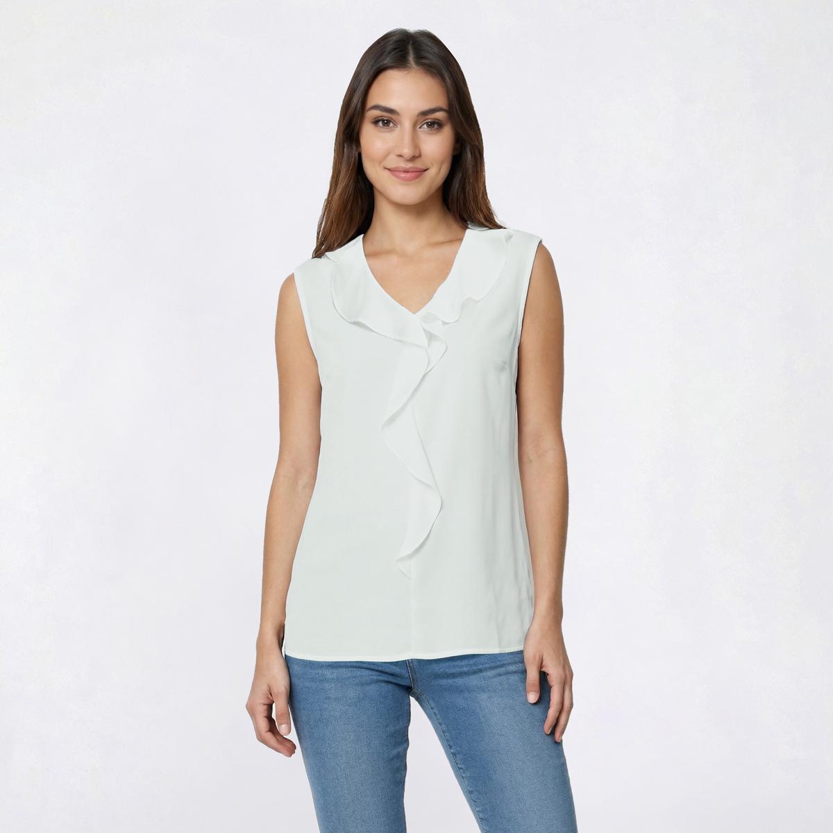 Kasper Womens Mixed-Media Ruffled Top  Regular & Petite - Lily White